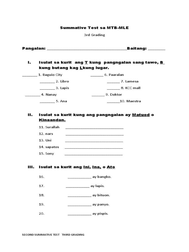 Summative Test Sa MTB. 3rd Grading | PDF