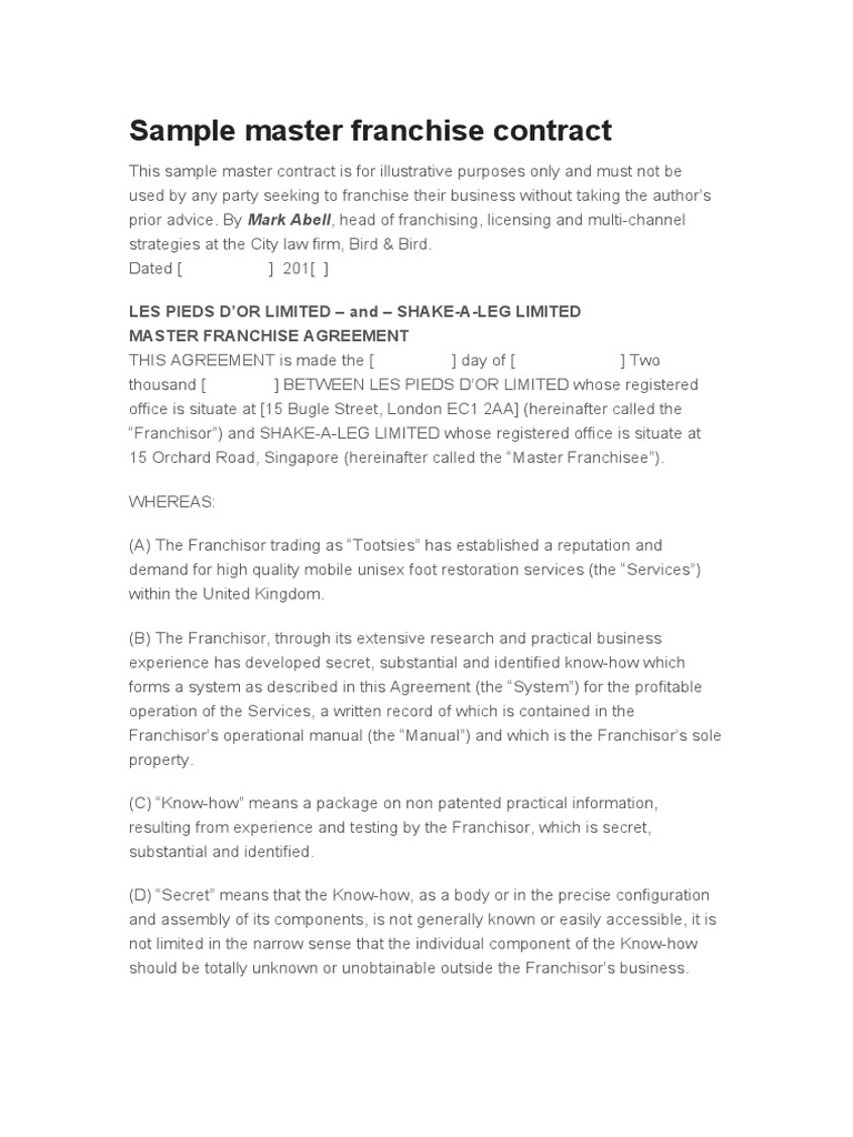 Sample Master Franchise Contract | PDF | Franchising | Business