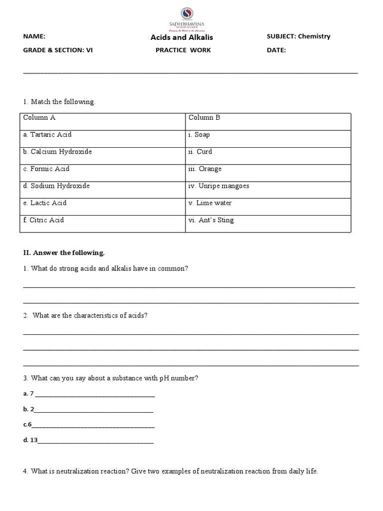 Acids and Alkalis Worksheet | Download Free PDF | Acid | Chemistry