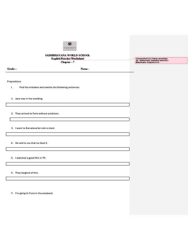 Grade 6 - Prepositions Worksheet | PDF