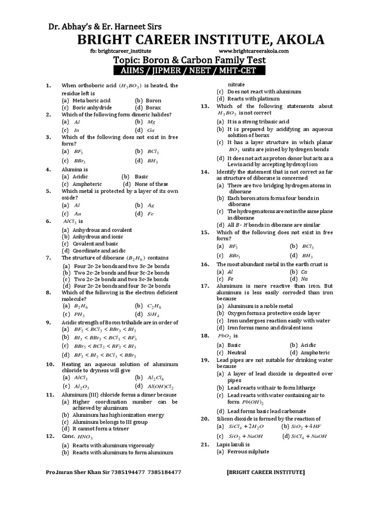 Bright Career Institute, Akola: Topic: Boron & Carbon Family Test | PDF