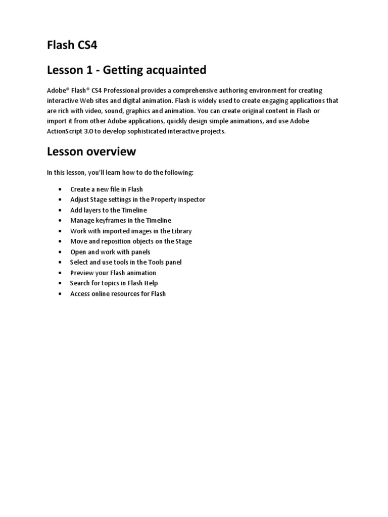 Flash CS4 Lesson 1 - Getting Acquainted | PDF | Adobe Flash | Action Script