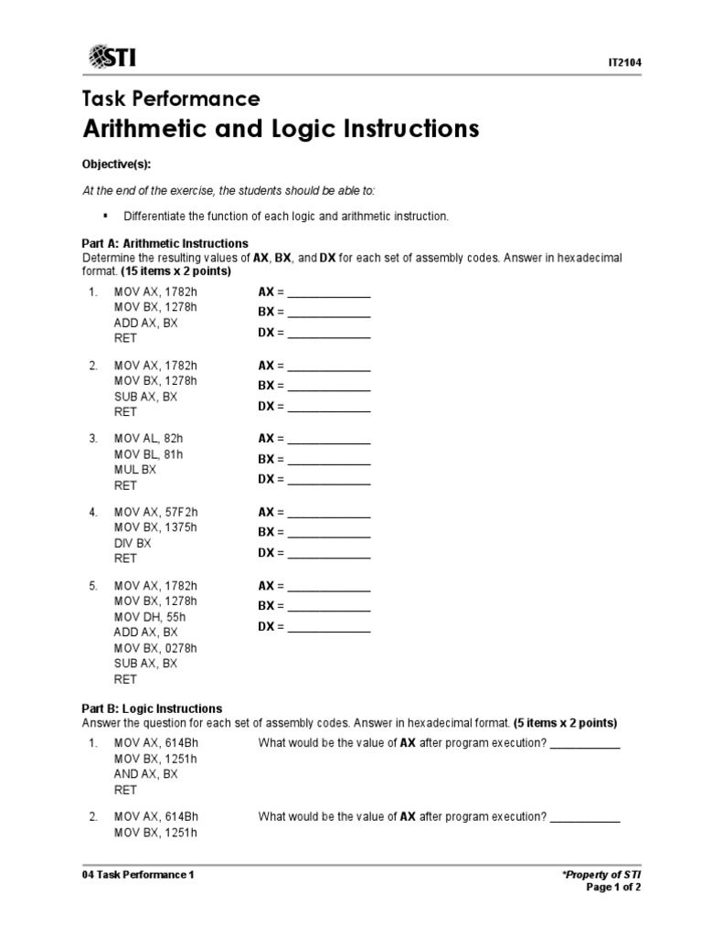 Arithmetic and Logic Instructions: Task Performance | PDF | Assembly Language | Computer Programming