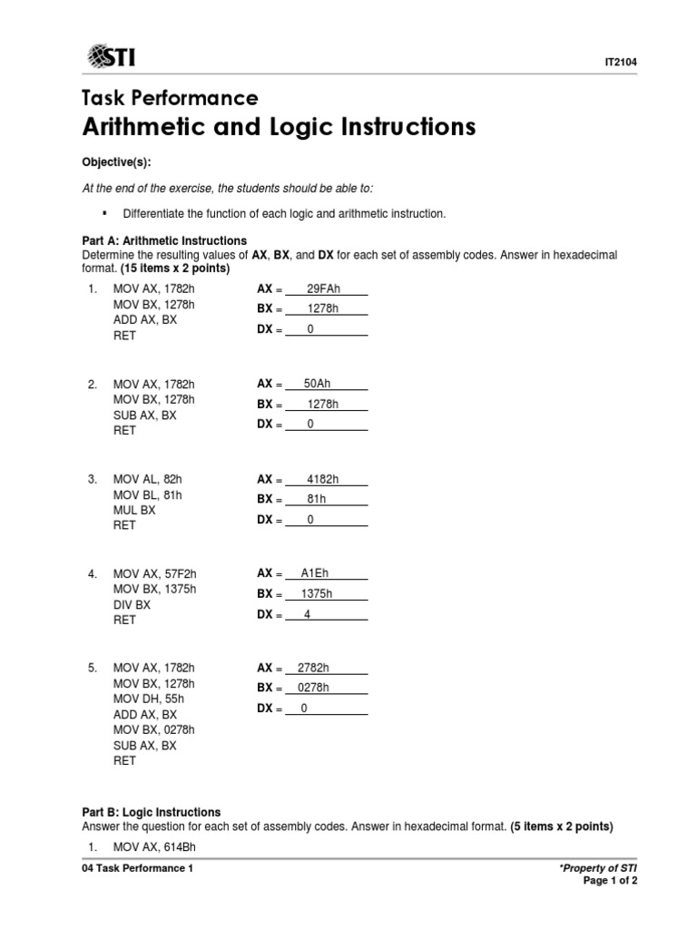 Arithmetic and Logic Instructions: Task Performance | PDF | Assembly Language | Computing