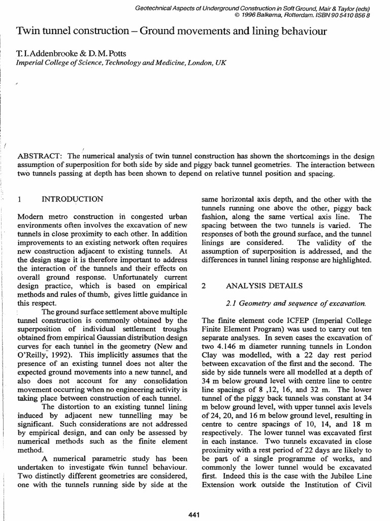 Twin Tunnel Construction - Ground Movements and Lining Behaviour | PDF | Tunnel | Young's Modulus