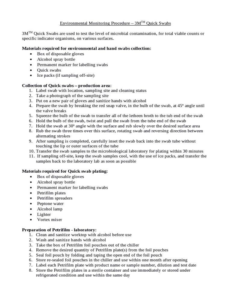 Environmental Monitoring Procedure - 3M Quick Swabs | PDF