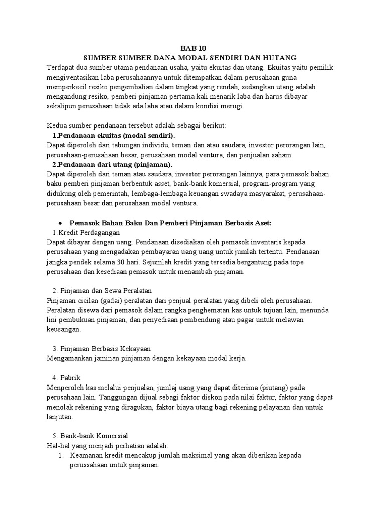 BAB 10 Sumber Sumber Dana Modal Sendiri Dan Hutang | PDF