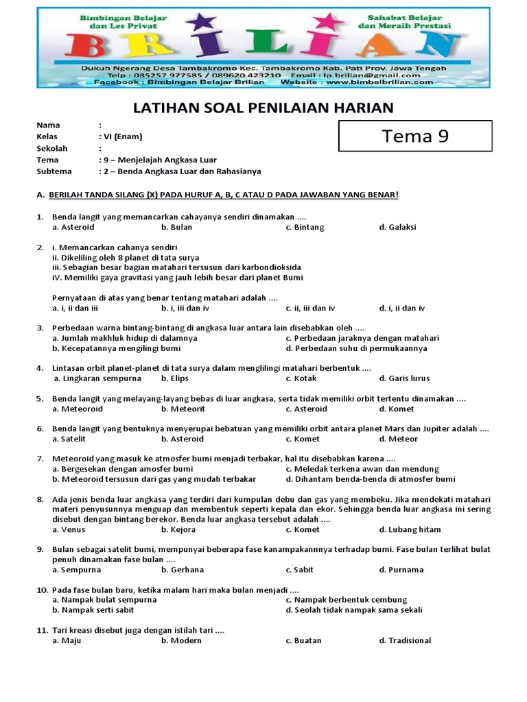 Soal Tema 9 Kelas 6 SD Subtema 2 Benda Angkasa Luar Dan Rahasianya Dan Kunci Jawbaan | PDF