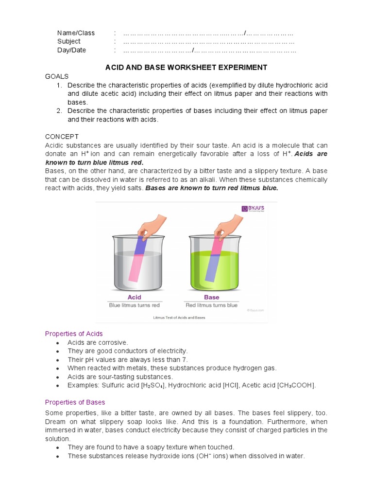 Acid and Base Worksheet Experiment: Known To Turn Blue Litmus Red | PDF ...
