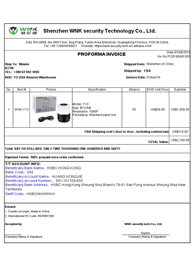 Proforma Invoice for Amazon FBA | PDF | Shenzhen | Banking