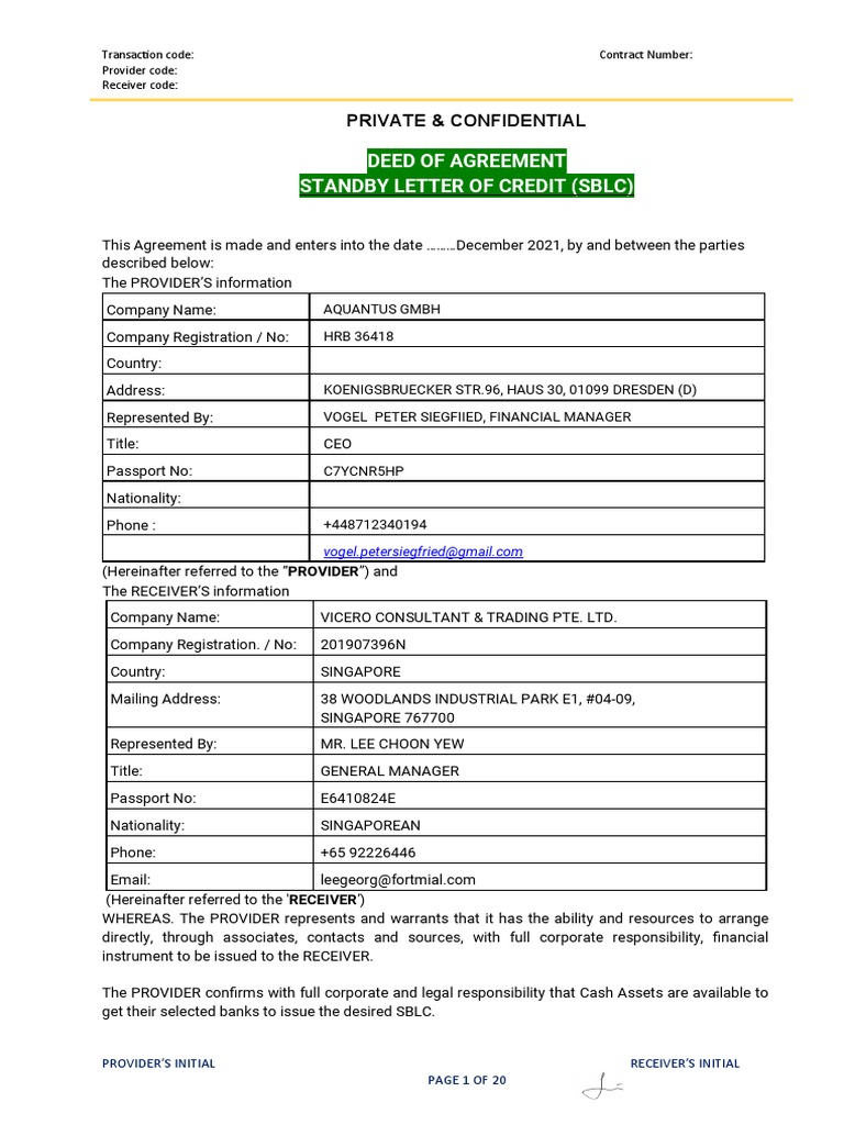 DOA - Aquantus Vicero Deutsche DBS (40+2+2) - Draft v4 (7541) | PDF | Letter Of Credit | Banks