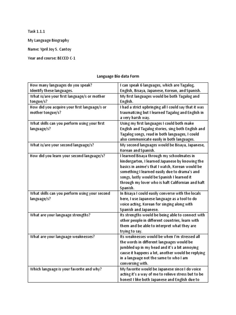 My Language Bio Data Form Pdf English Language Japanese Language 0878