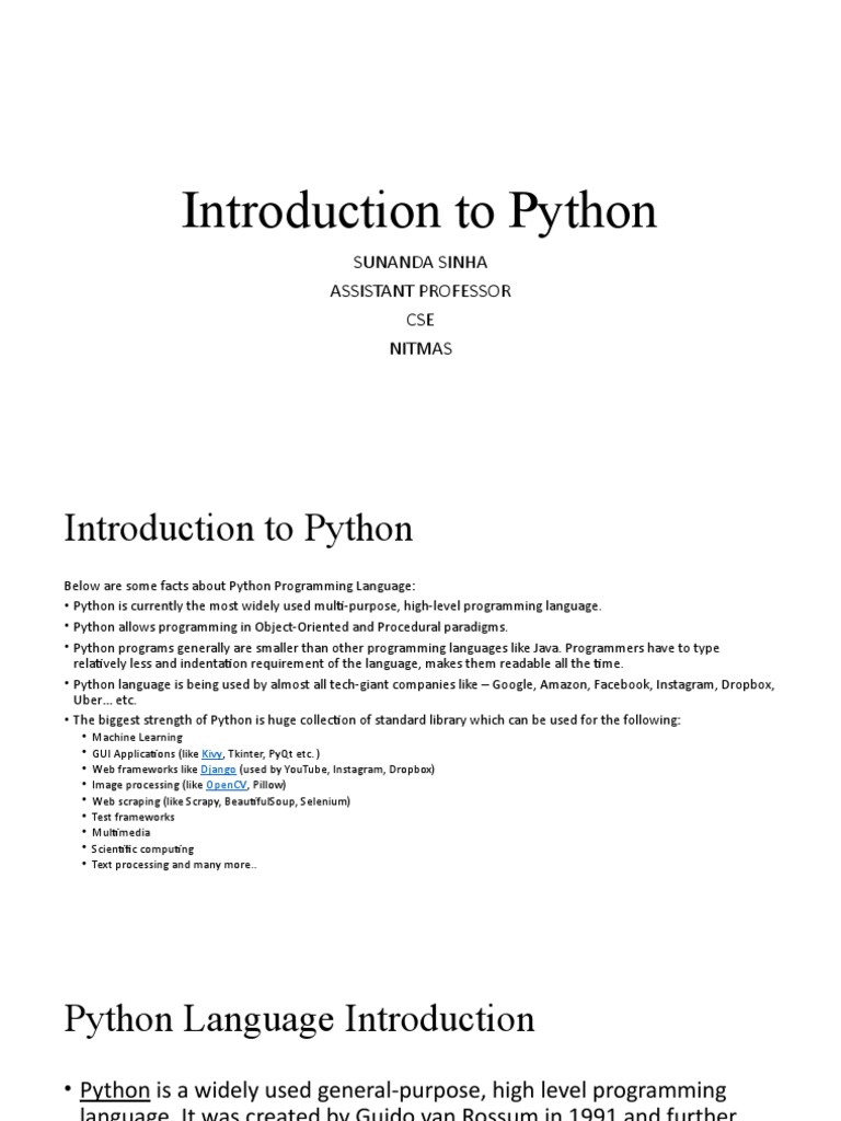 Introduction To Python: Sunanda Sinha Assistant Professor CSE Nitmas ...