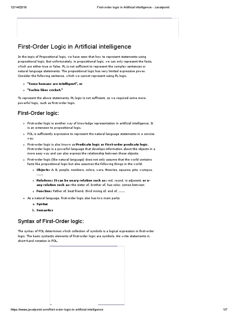 First-Order Logic in Artificial Intelligence - Javatpoint | PDF | First Order Logic | Logic