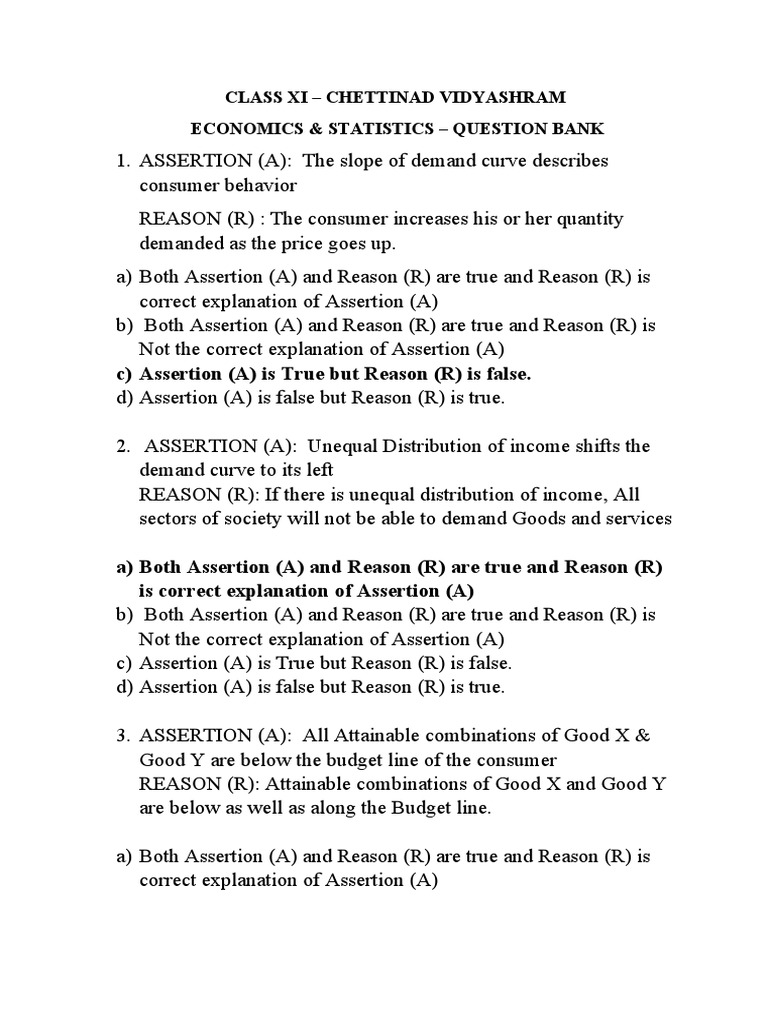 Assertion and Reasoning Class 11 - Micro Economics | PDF | Demand | Price Elasticity Of Demand