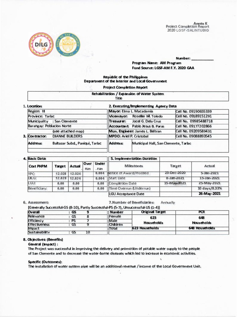 Annex K - Project Completion Report | PDF | Water Supply Network ...