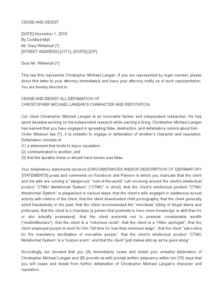 CEASE AND DESIST Example | PDF | Defamation | Legal Remedy