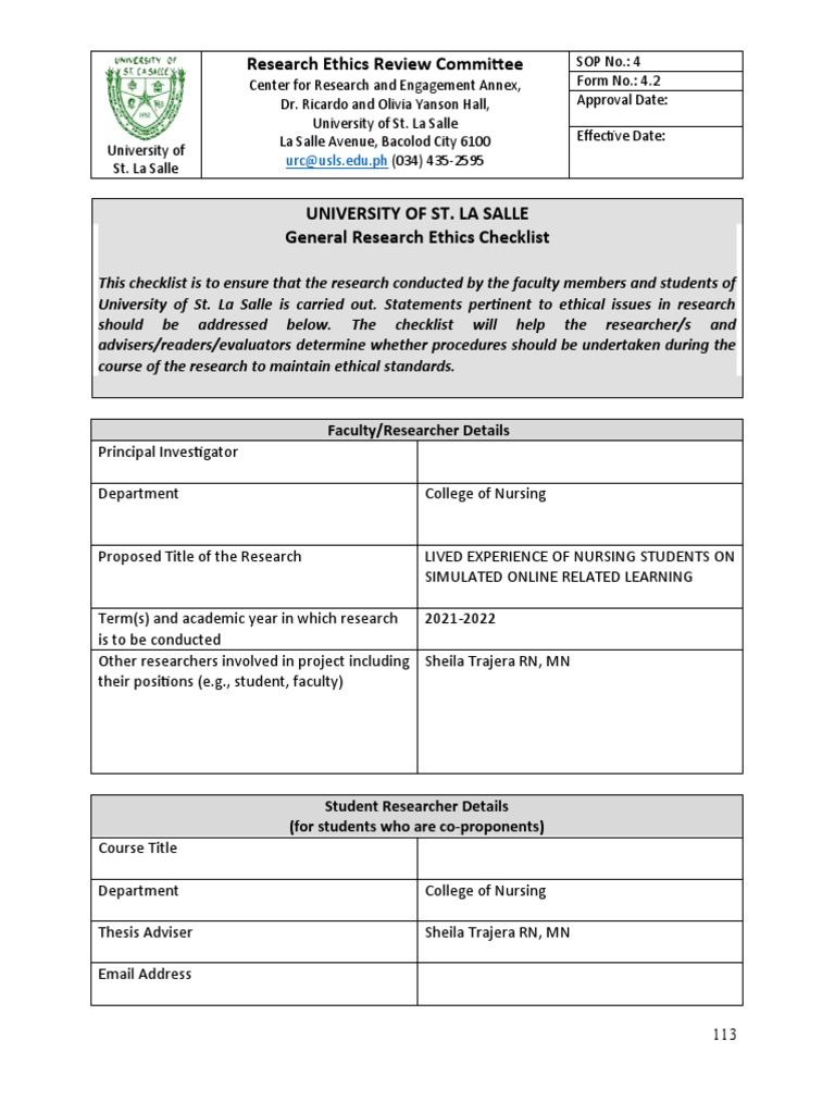 Research Ethics Review Committee: Urc@usls - Edu.ph | PDF