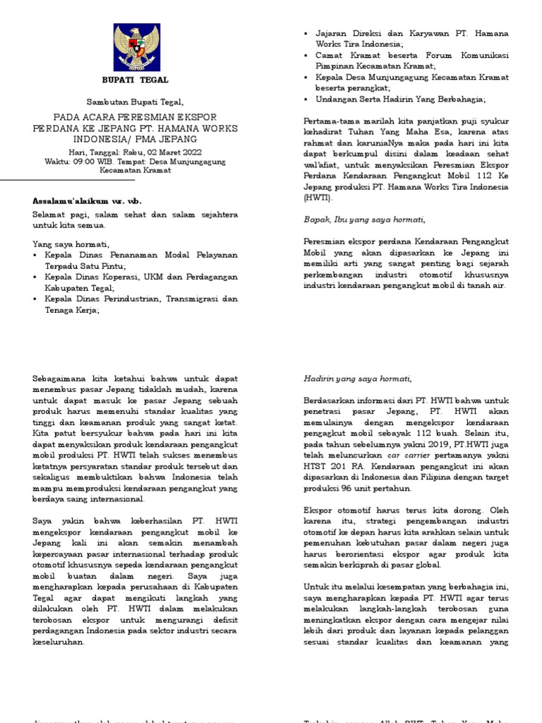Sambutan Bupati - Peresmian Ekspor Perdana Ke Jepang PT. Hamana Works ...