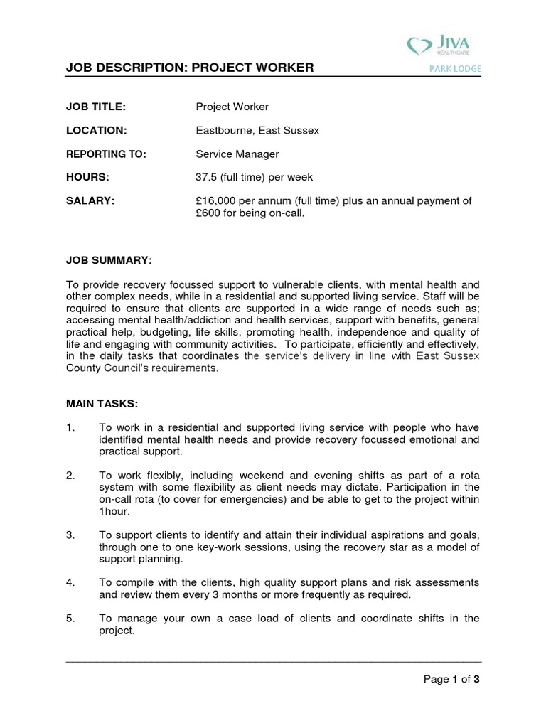 Job Description: Project Worker | PDF | Health Care | Occupational ...