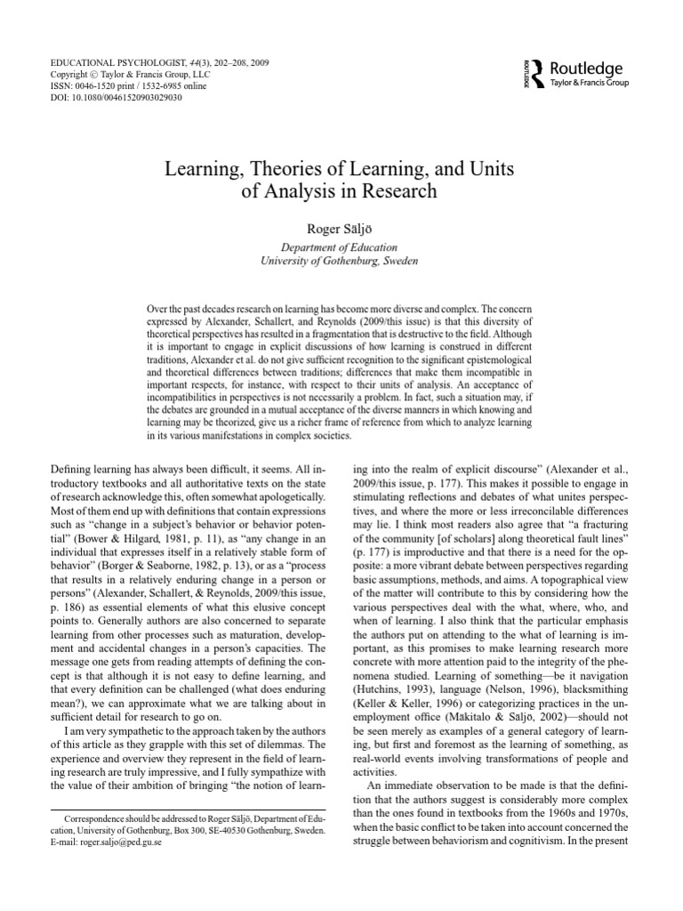 Learning, Theories of Learning, and Units of Analysis in Research | PDF