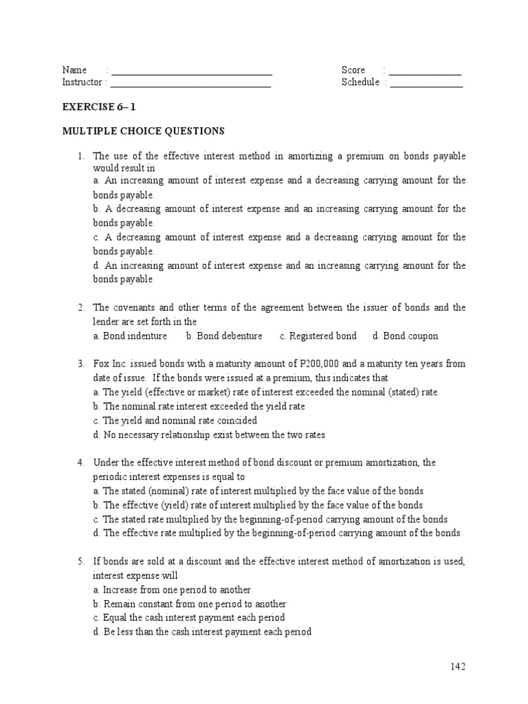 Exercise 6 - 1 Multiple Choice Questions | PDF | Bonds (Finance) | Interest