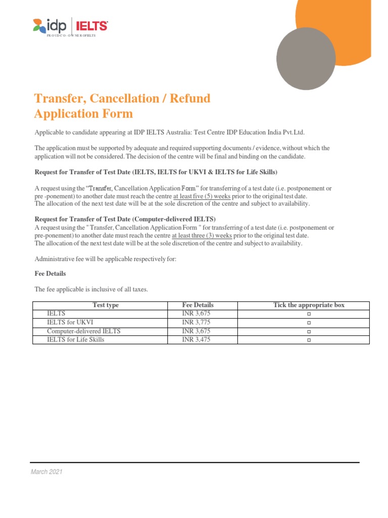 IELTS Transfer and Cancellation Policies | PDF | International English ...