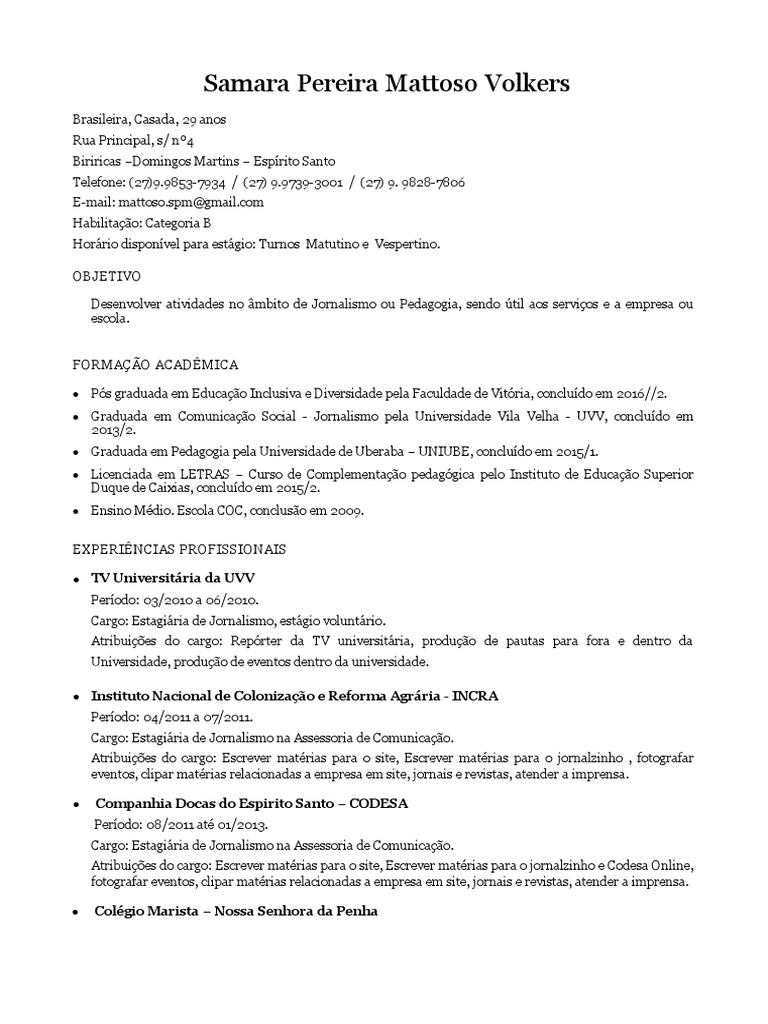 Currículo Samara - Atualizado | PDF | Pedagogia | Jornalismo