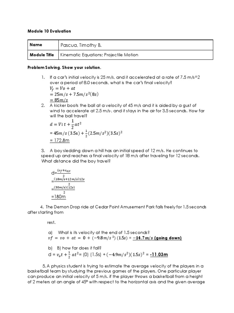 Analysis of Kinematic Equations and Projectile Motion Problems | PDF ...
