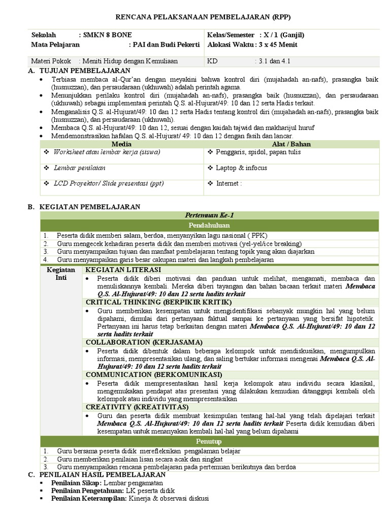 RPP PAI Kelas 10 SEM 1 | PDF