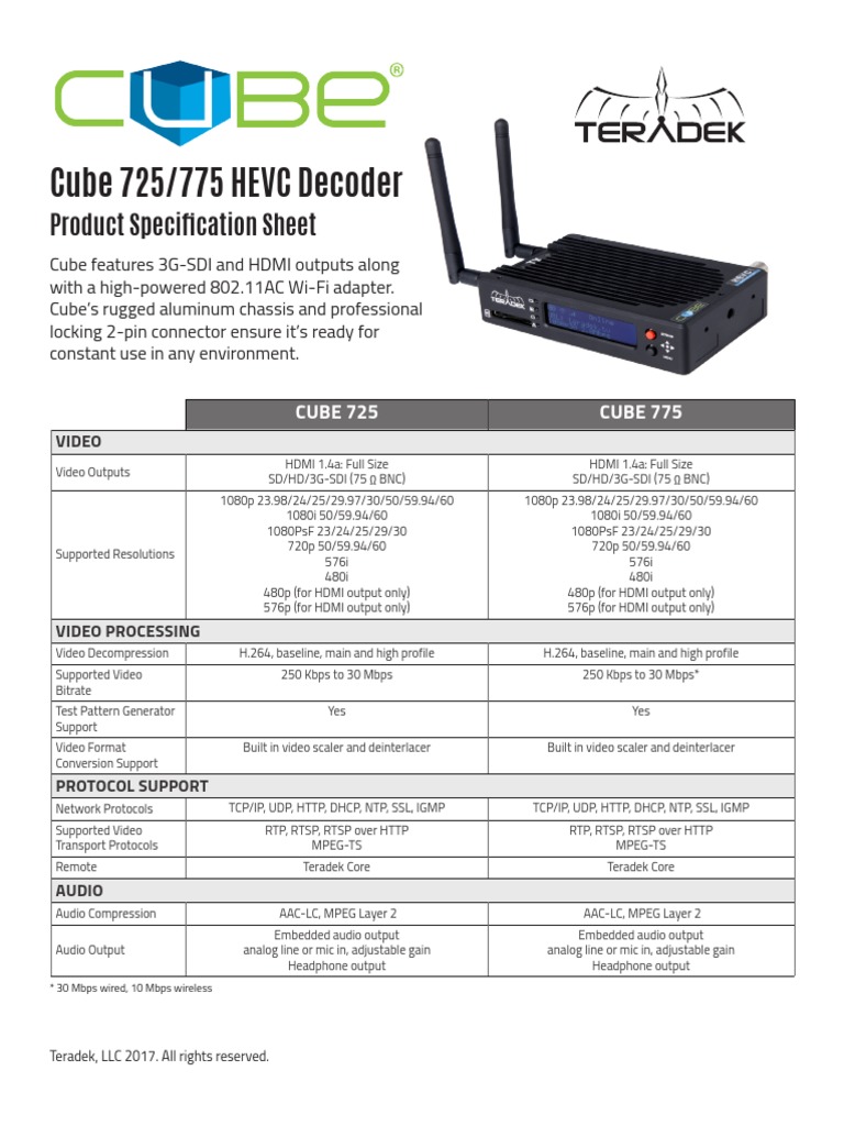 Cube 725/775 HEVC Decoder: Product Specification Sheet | PDF | Hdmi | Usb