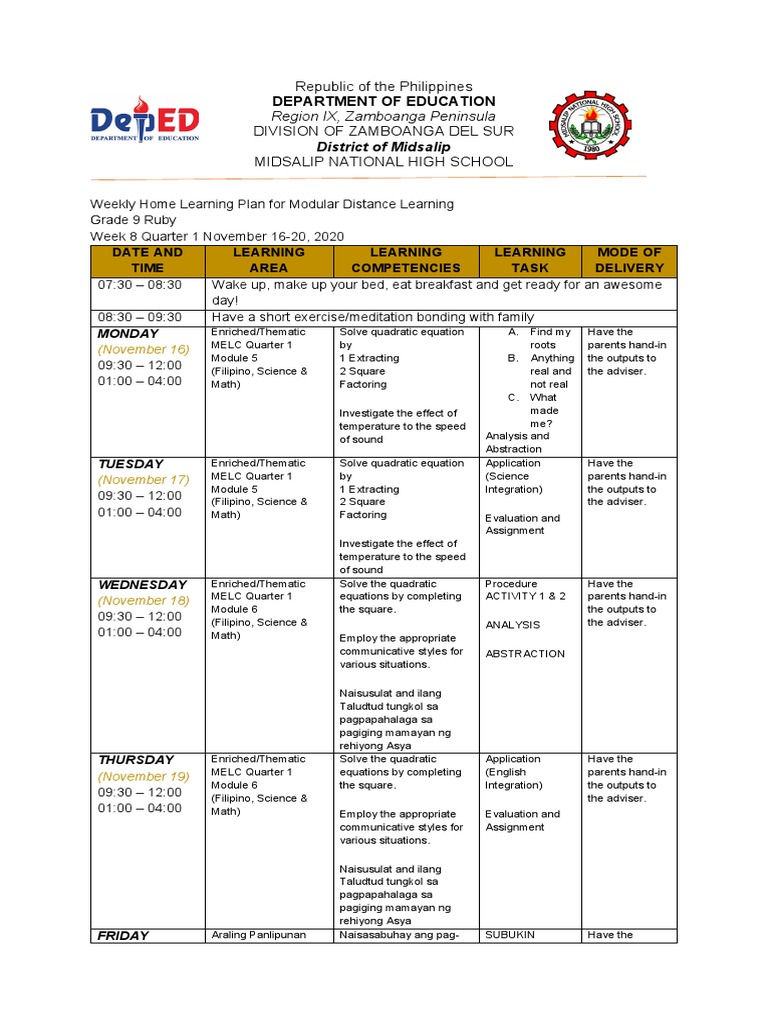 Grade 9 Weekly Learning Plan | PDF | Chemical Compounds | Quadratic ...