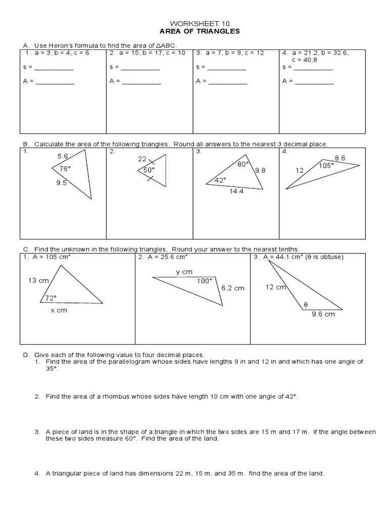 Worksheet 10: Area of Triangles | PDF
