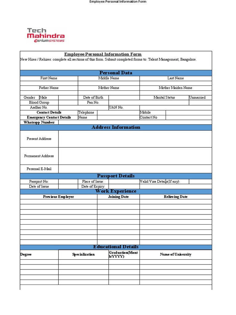 Employee Personal Data Form | PDF