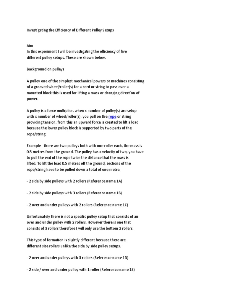 Efficiency of Various Pulley Setups | PDF | Force | Mass
