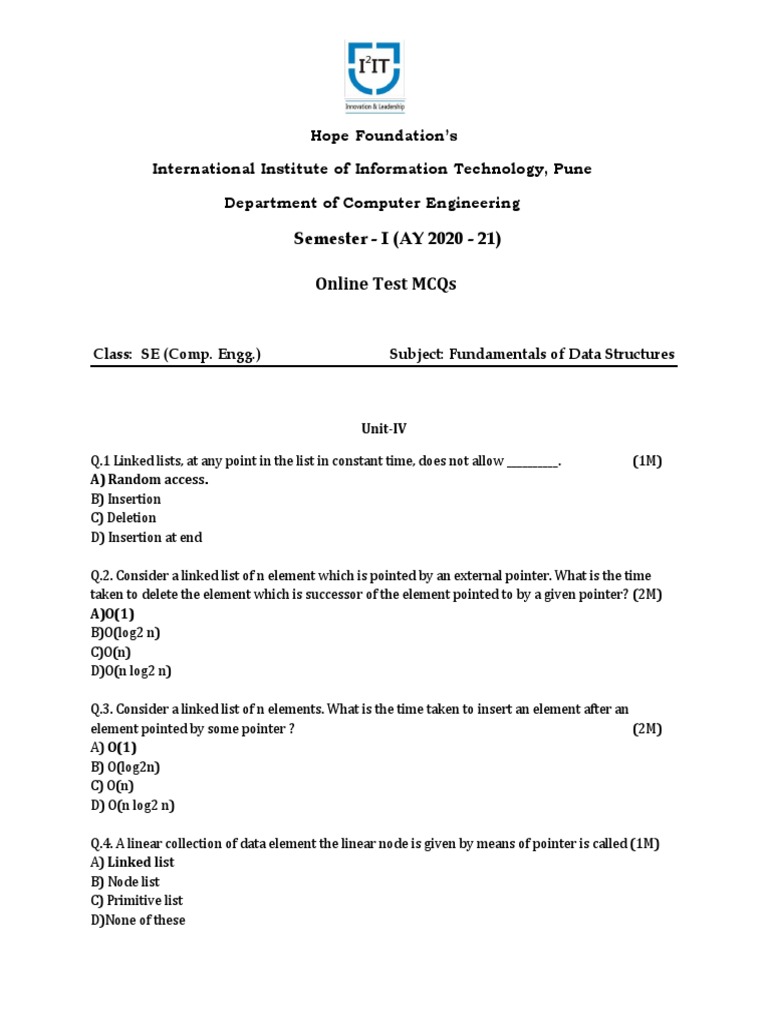 Semester - I (Ay 2020 - 21) Online Test Mcqs | PDF | Pointer (Computer ...