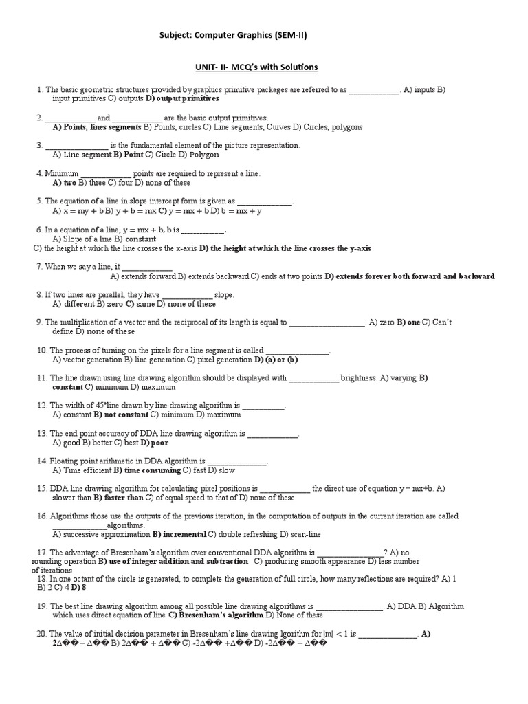 Unit-II-Solved-MCQs CG | PDF | Line (Geometry) | Computing Unit-II-Solved-MCQs CG | PDF | Line (Geometry) | Computing