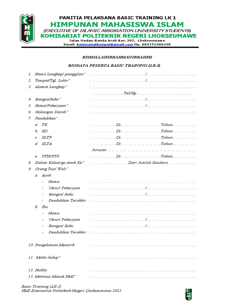 Formulir Pendaftaran Basic Kom - Poltek | PDF