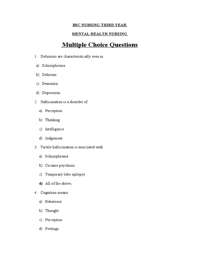 Multiple Choice Questions: BSC Nursing Third Year Mental Health Nursing ...