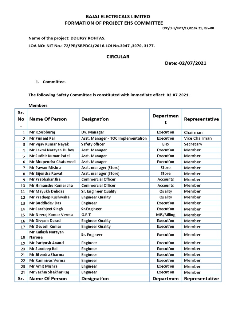 Bajaj Electricals Limited Formation of Project Ehs Committee | PDF