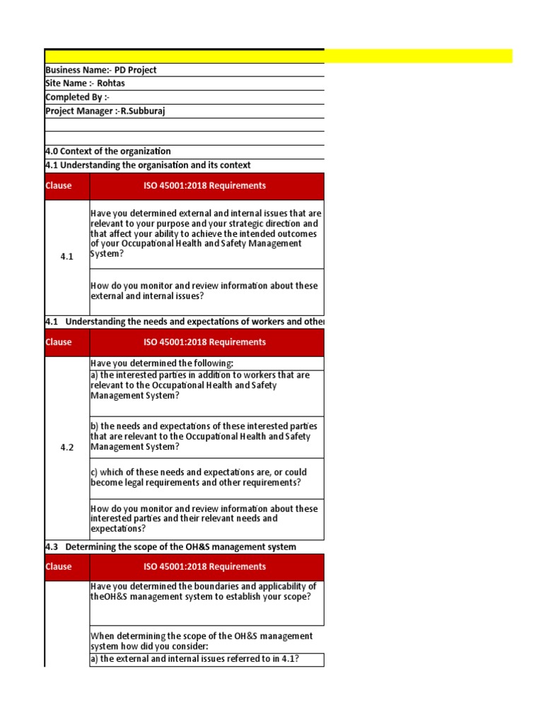 Preparation Checklist As Per ISO 45001 & 14001 | PDF | Audit | Risk