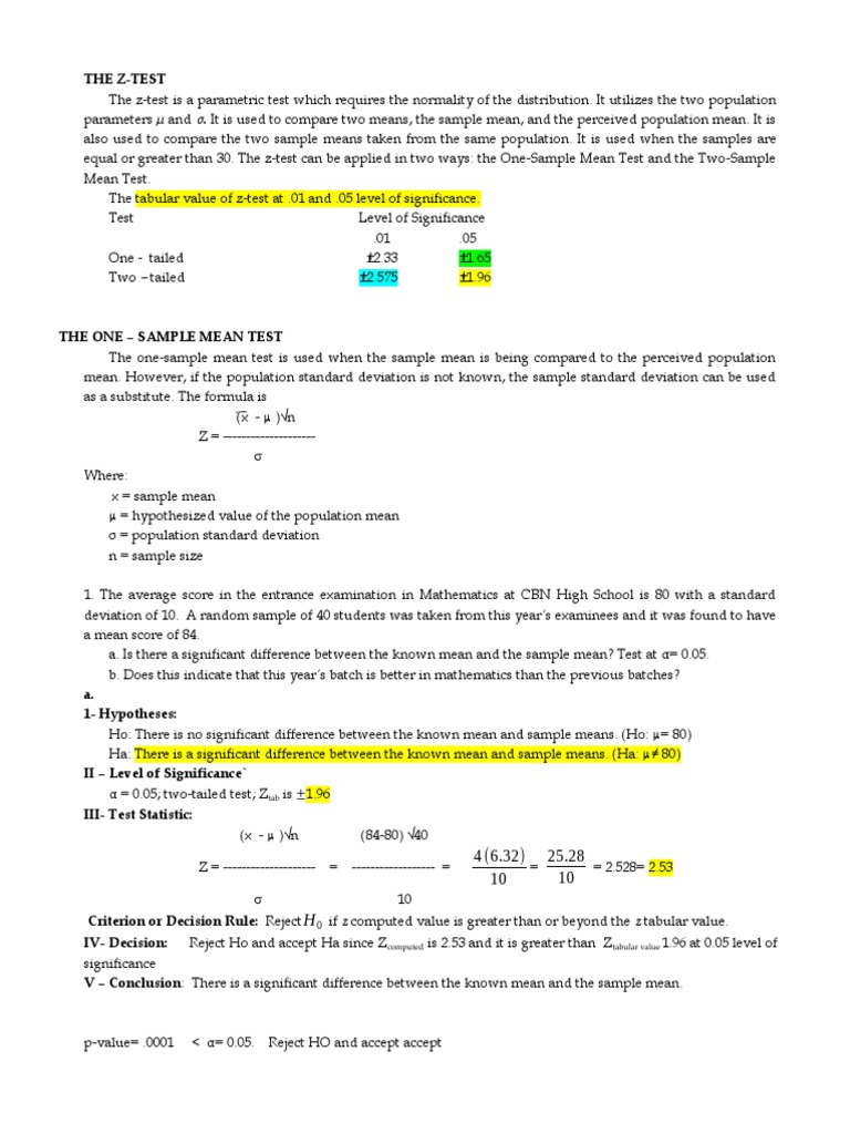 The Z-Test | PDF | Standard Deviation | Mean