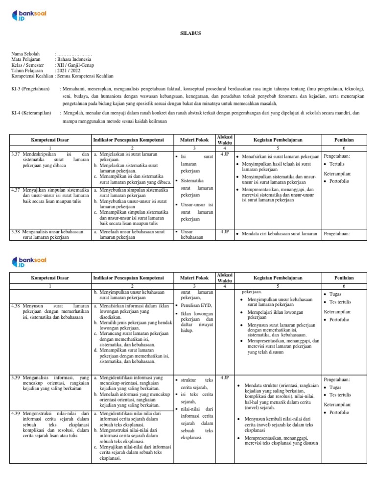 Silabus Bahasa Indonesia Kelas 12 SMT Ganjil Genap 2021 2022 | PDF