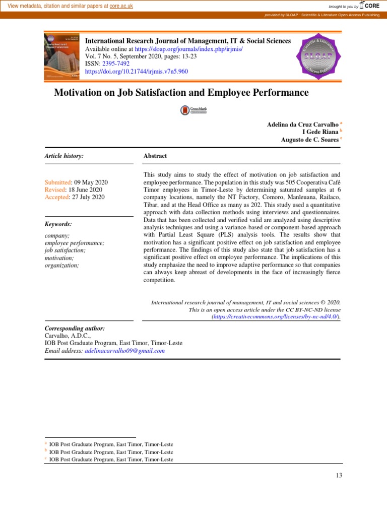 Motivation On Job Satisfaction and Employee Performance | PDF ...