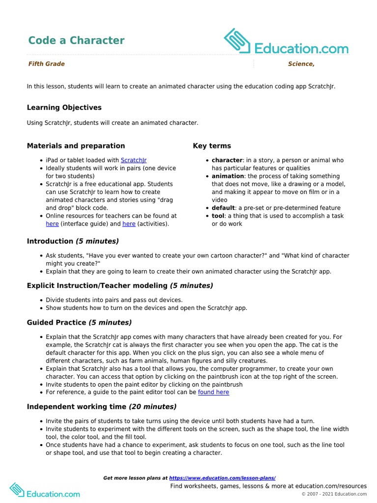 Code A Character: Learning Objectives | PDF | Lesson Plan | Learning