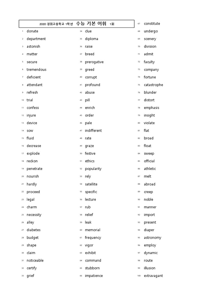 2020 수능기본어휘 1회 - English Words for Korean SAT | PDF