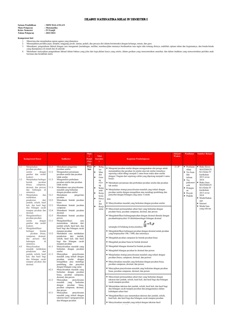 Silabus Matematika Kelas 4 Semester 1 | PDF