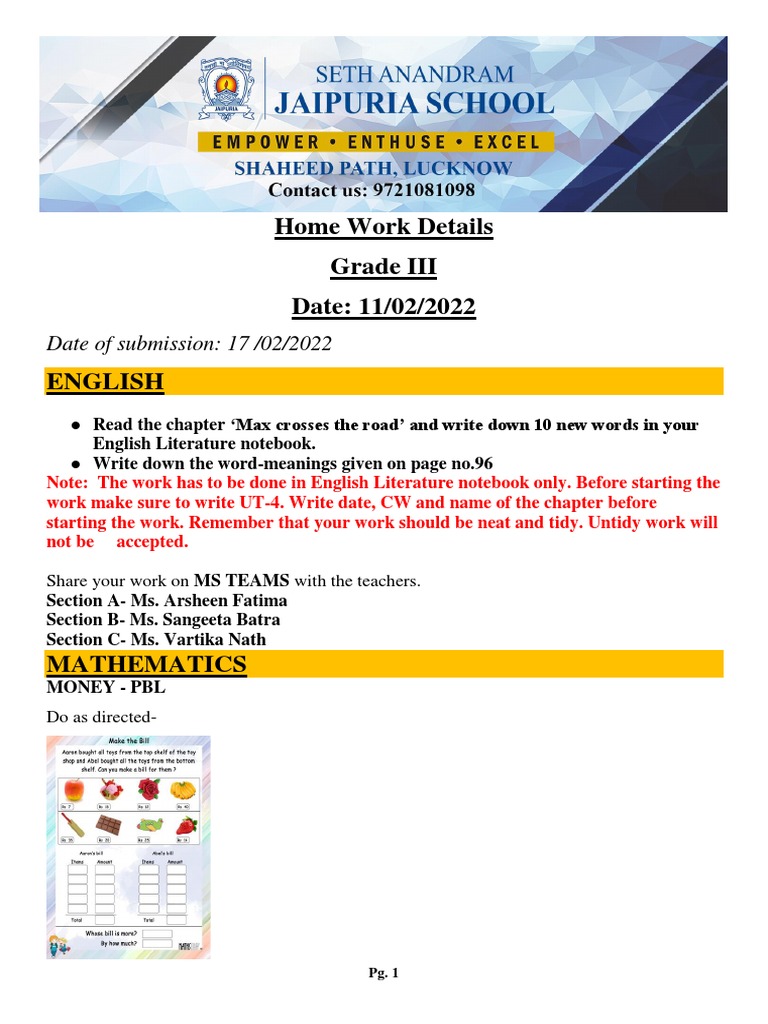 Grade III Homework DATED 11 - 02 - 2022 | PDF