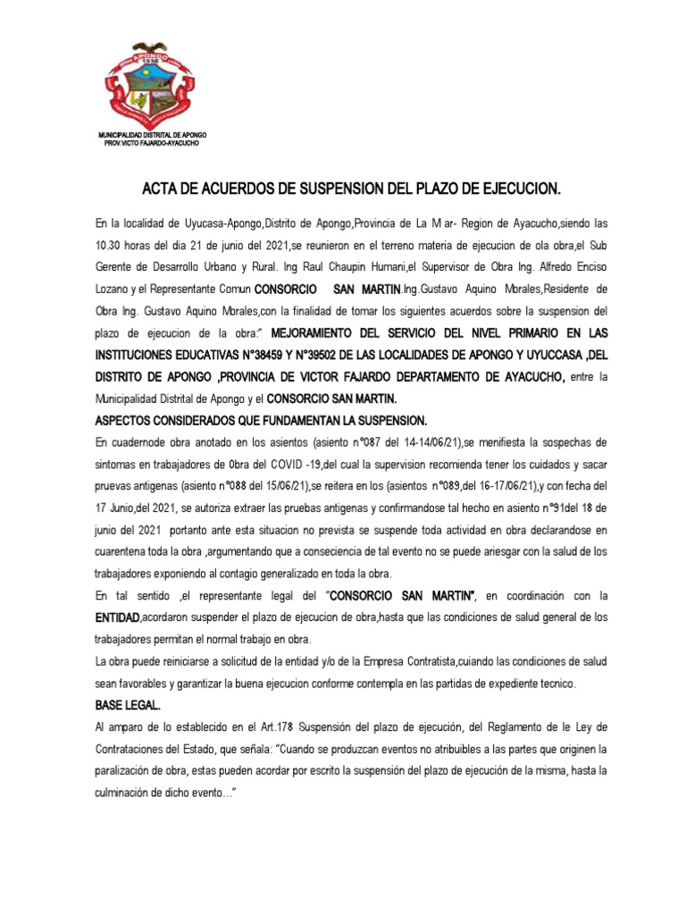 Acta de Acuerdos de Suspension Del Plazo de Ejecucion | PDF | Estado (política)