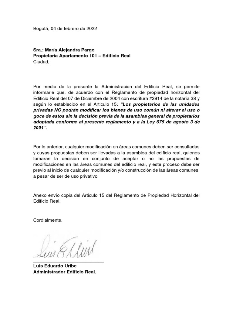 Carta Modificación Áreas Comúnes | PDF